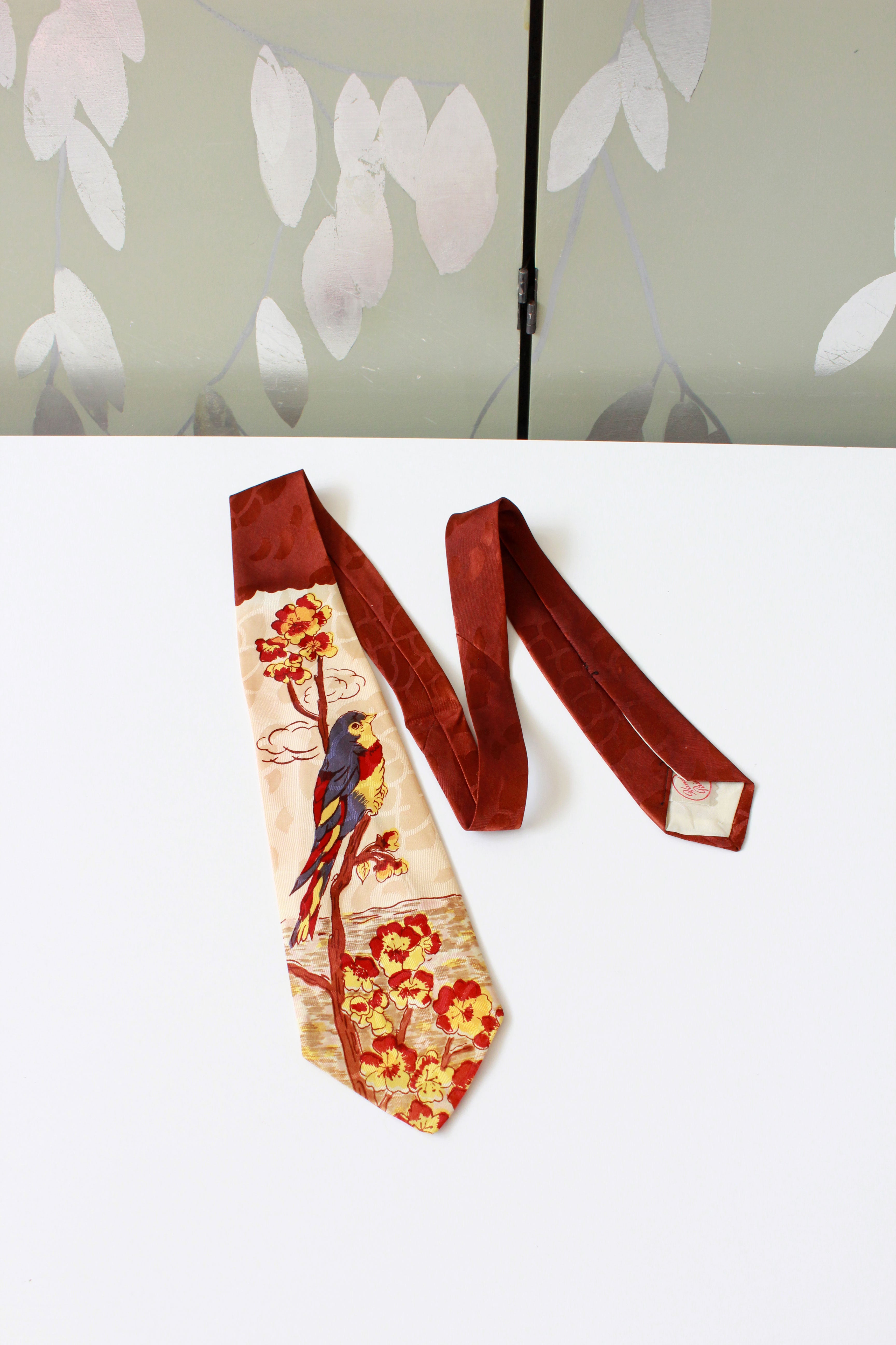 Vintage 1940s Rayon Tie With Hand Painted Bird In Primary Colours – Ian ...