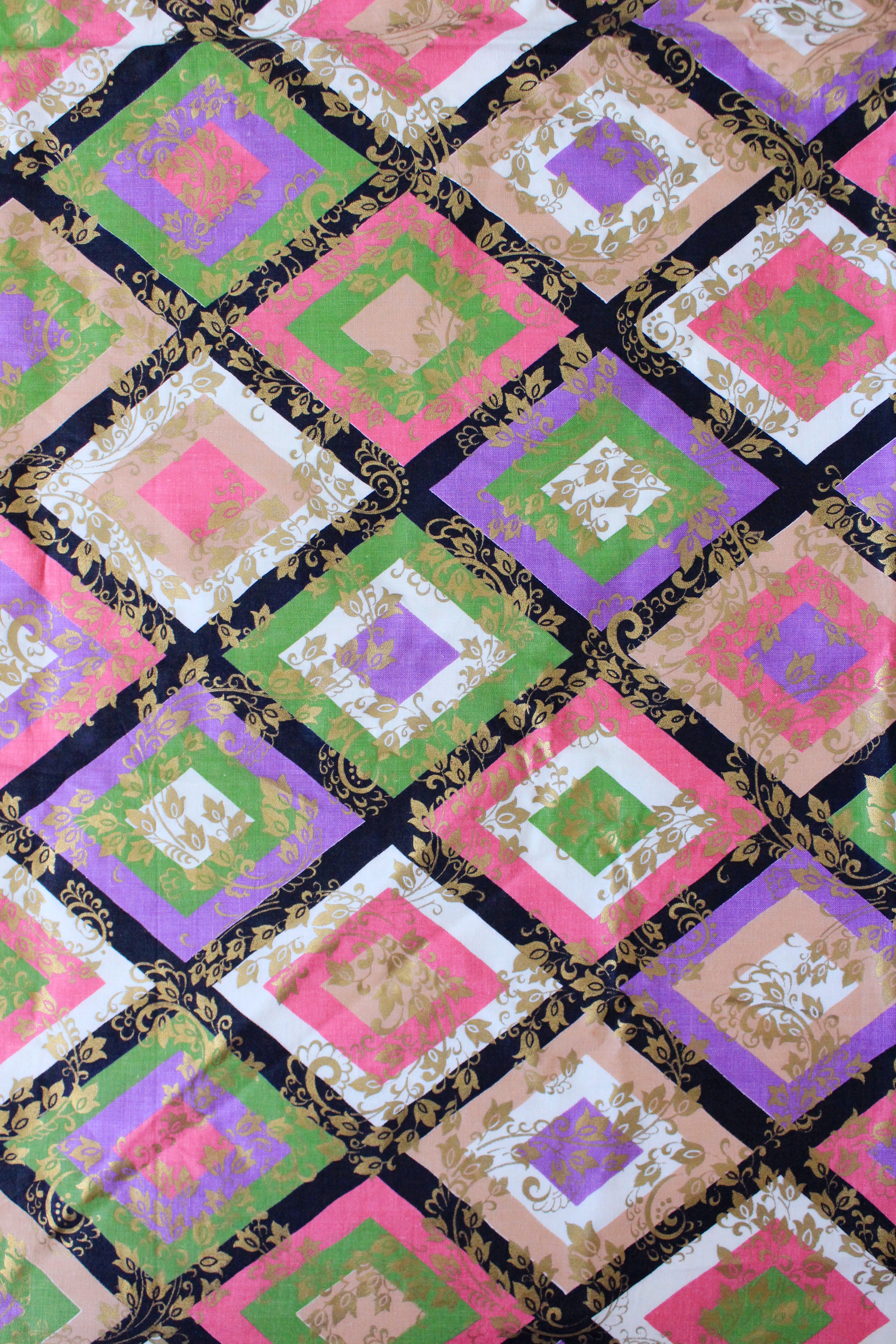 1960s Colourful Geometric Diamond Print Fabric Pink/Green/Purple, 1.6 ...