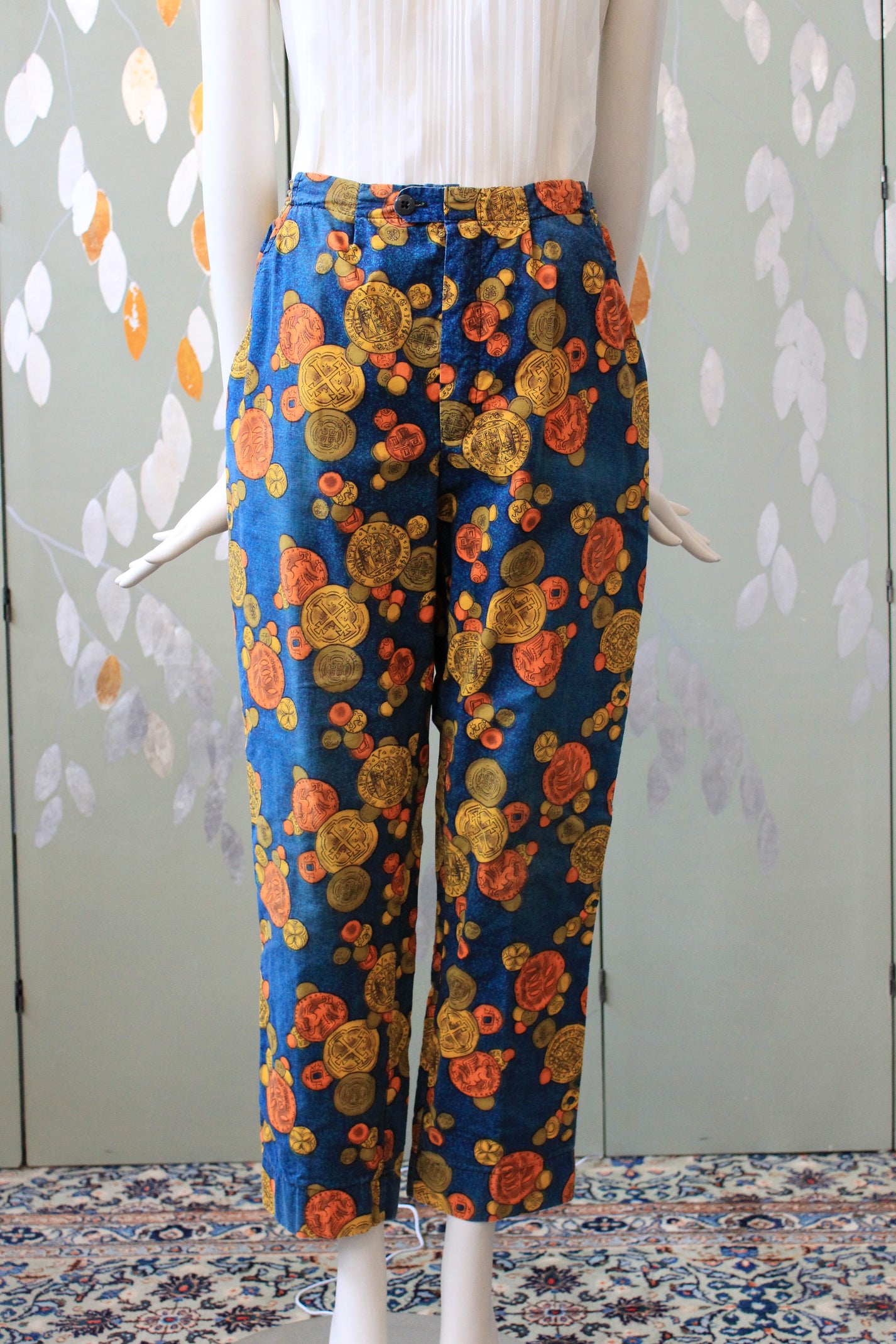 Vintage 1960s Blue and Gold Coin Novelty Print Ankle Trousers, Medium ...