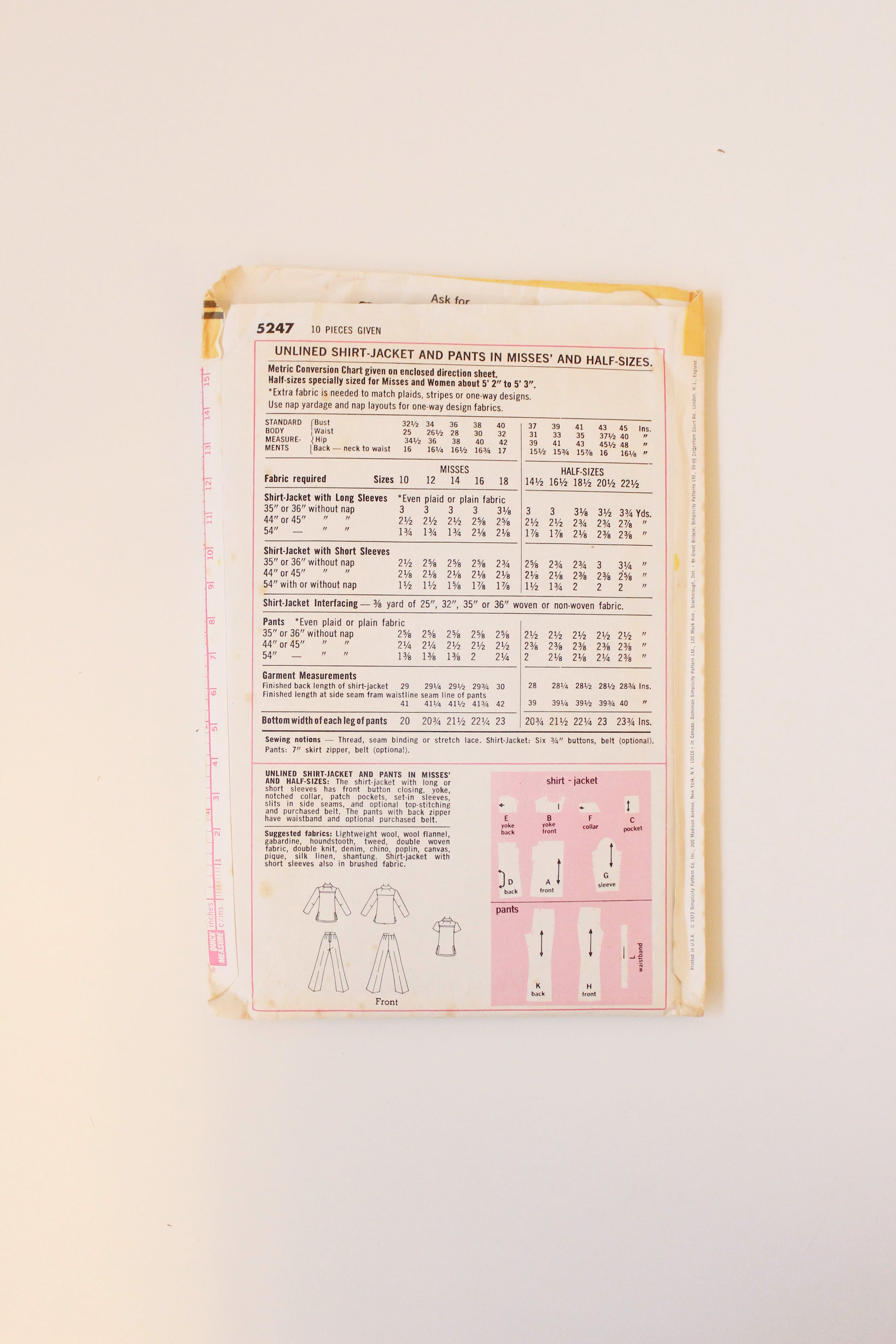 1970s Top/Jacket And Pants Simplicity 5247 Sewing Pattern, Cut, Size 1 ...