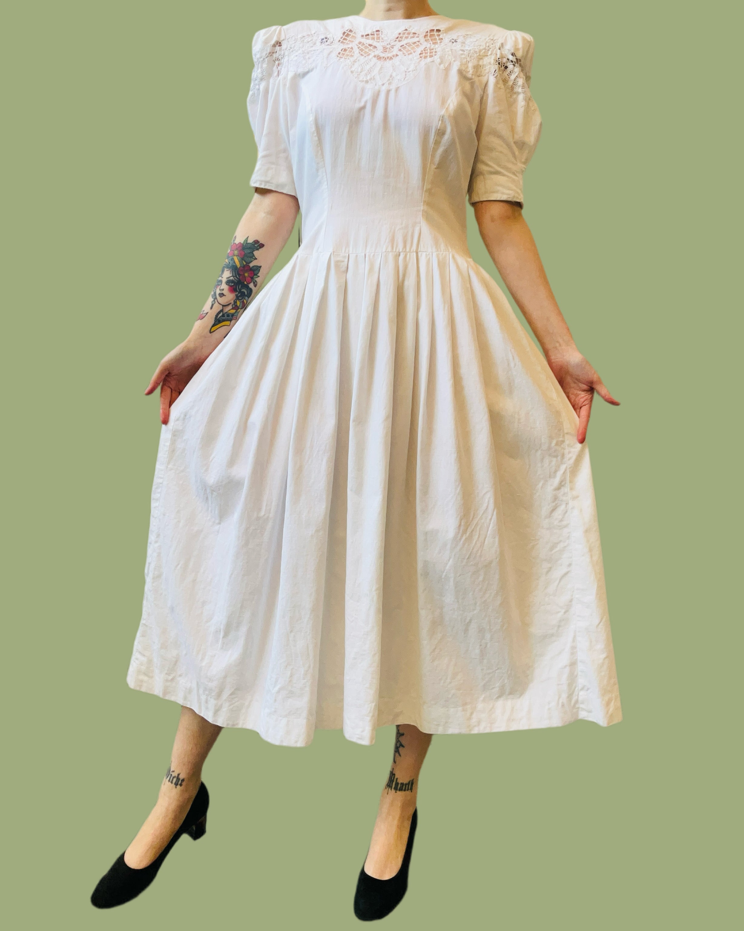 Vintage 1980s Nancy Johnson White Linen Cotton Lace Midi Dress, Medium ...